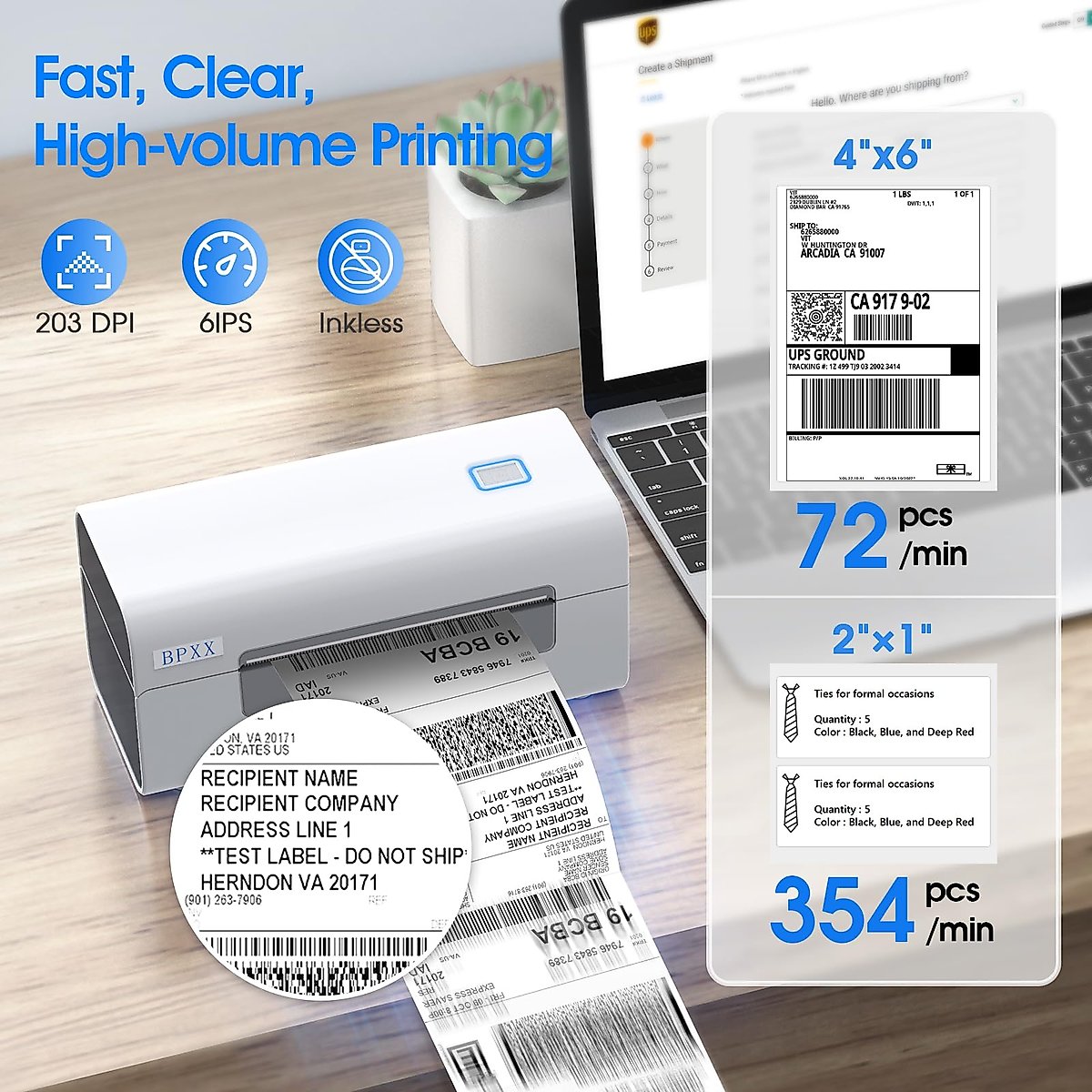BPXX Bluetooth Thermal Label Printer, Wireless 4×6 Shipping Label Printer for Small Business, Label Printer Support Android/iPhone/Windows, Compatible with Shopify, Ebay, USPS, Amazon, Etsy, D465B