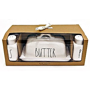 Rae Dunn by Magenta BUTTER Dish with S-Salt and P-Pepper shaker 3 Item Boxed Set