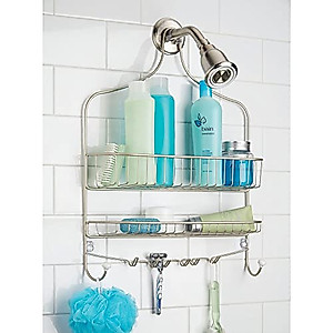 mDesign Metal Wire Tub & Shower Caddy, Hanging Storage Organizer Center with Built-In Hooks and Baskets on 2 Levels for Shampoo, Body Wash, Loofahs - Satin