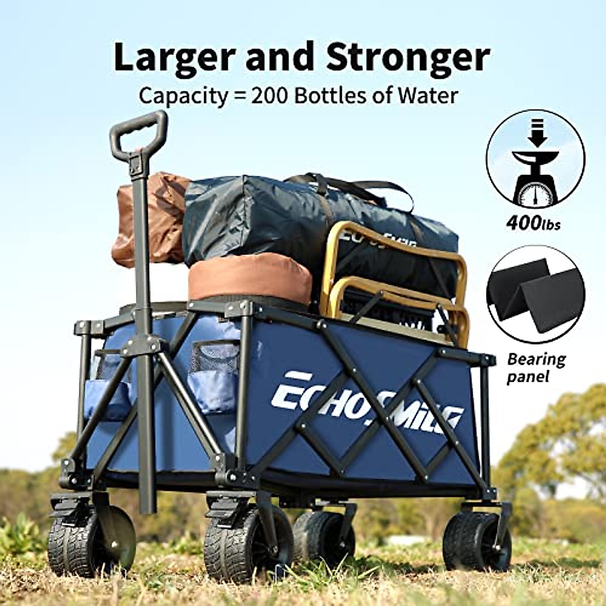 EchoSmile Collapsible Folding Wagon Cart, Beach Wagon for Sand with Big Wheels, Heavy Duty 400lbs Capacity Utility Wagon, Portable Garden Cart with Adjustable Handle, Foldable Grocery Wagon for Sports