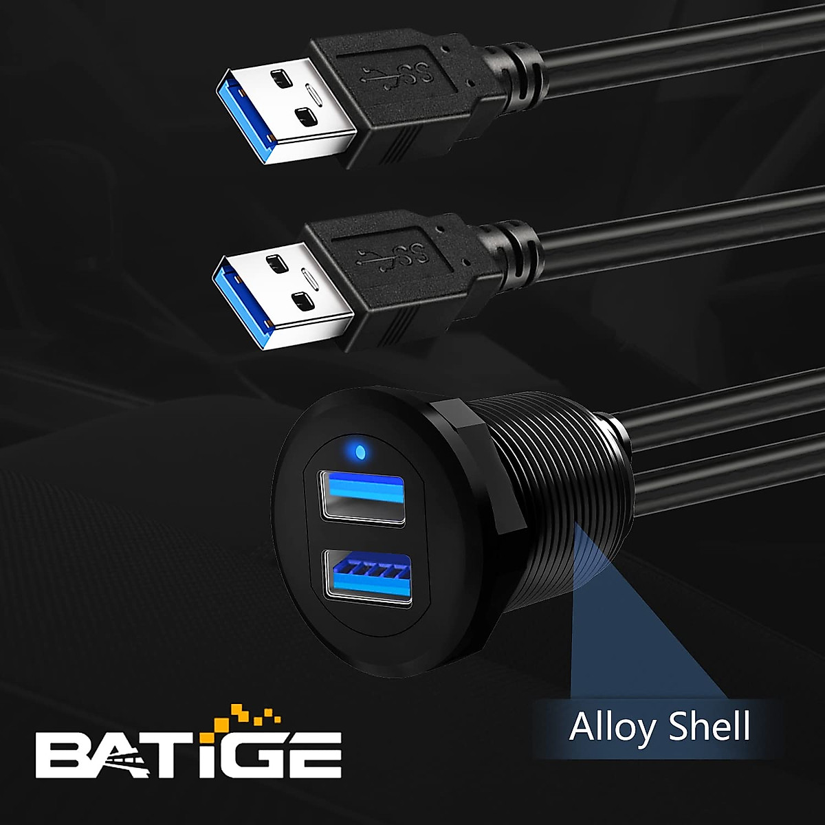 BATIGE Alloy Dual Port USB 3.0 Car Dashboard Flush Mount Cable, Male to Female with LED Indicator Extension Cable for Car Truck Boat Motorcycle Dashboard Panel - 3ft