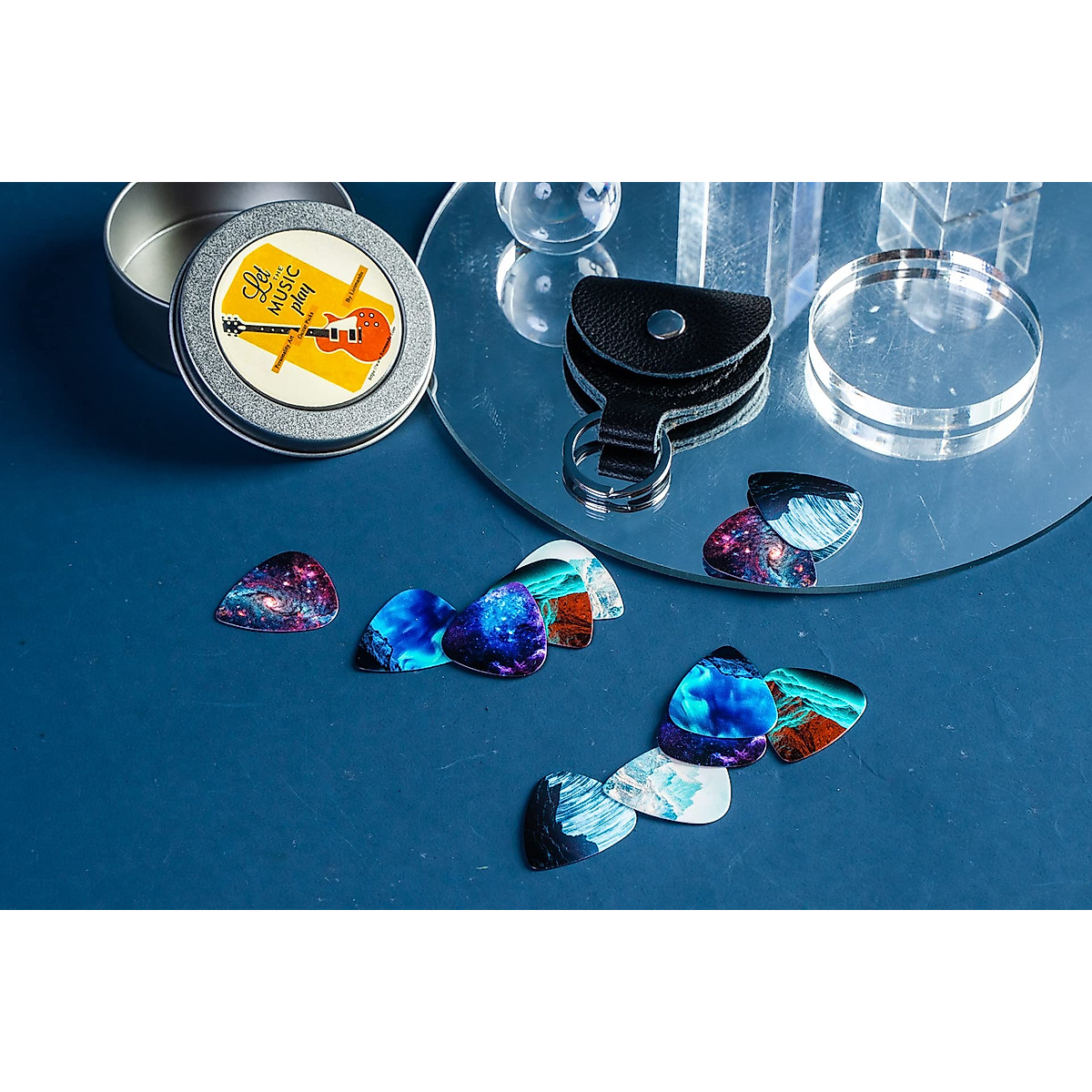 Guitar Picks - Cheliz 12 Medium Gauge Celluloid Guitar Picks In a Box W/Picks Holder. Unique Guitar Gift For Bass, Electric & Acoustic Guitars (Natural Image)