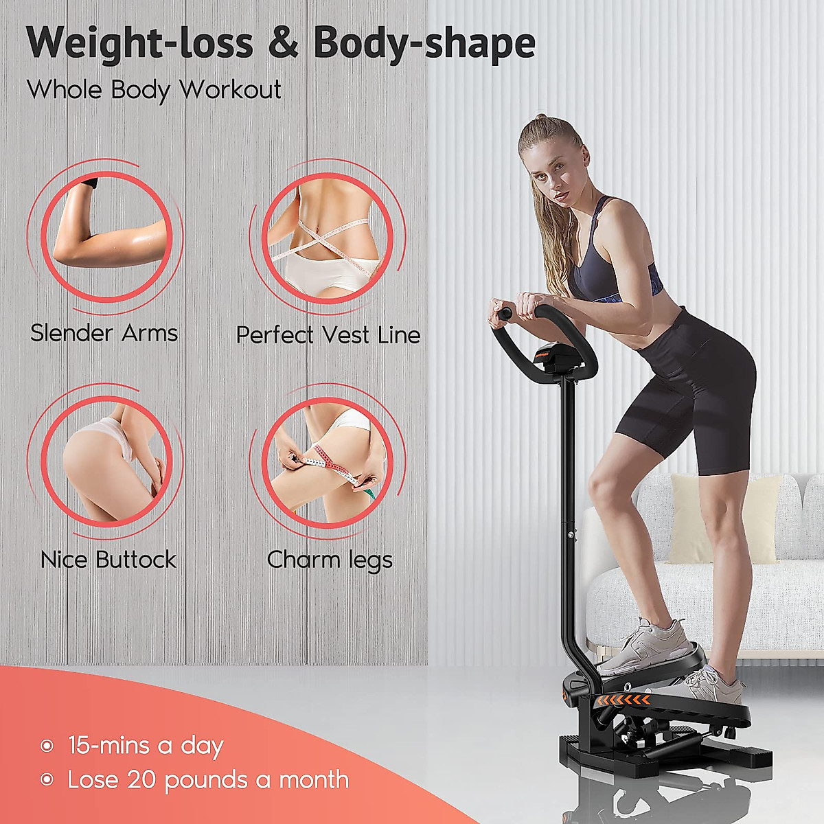 Sportsroyals Stair Stepper for Exercises-Twist Stepper with Handlebar and Resistance Bands for 330lbs Weight Capacity