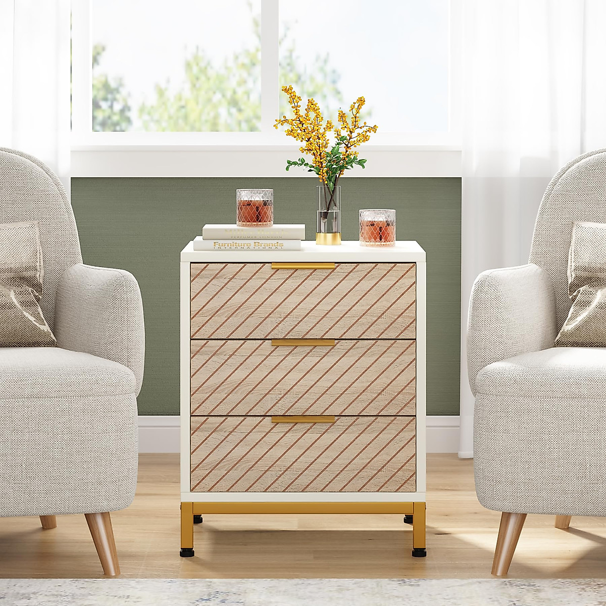 Tribesigns Night Stands for Bedrooms, White and Gold Light Wood Grain Nightstands with 3 Drawers Bedside End Tables Storage for Bedroom