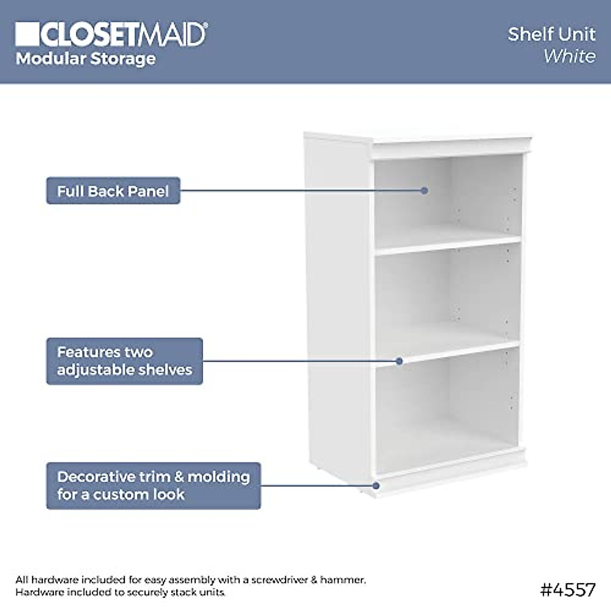 ClosetMaid Modular Storage Shelf Unit with 3 Shelves, Wood Closet Organizer Adjustable, Stacking, Full Backer, Decorative Trim, White, 40.29 H x 21.39 in. W x 15.91 in. D
