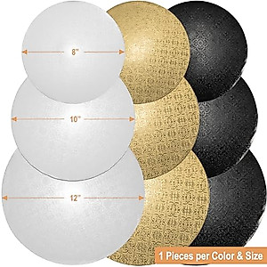 BOARDS+ 9 Pack Cake Drums in 3 Sizes (8, 10, 12 Inch) & in 3 Colors (White, Black, Gold) | 1/2" Thick Cake Board Rounds, Sturdy & Greaseproof | Free Prop Up Tools | Perfect for Heavy/Tiered Cakes