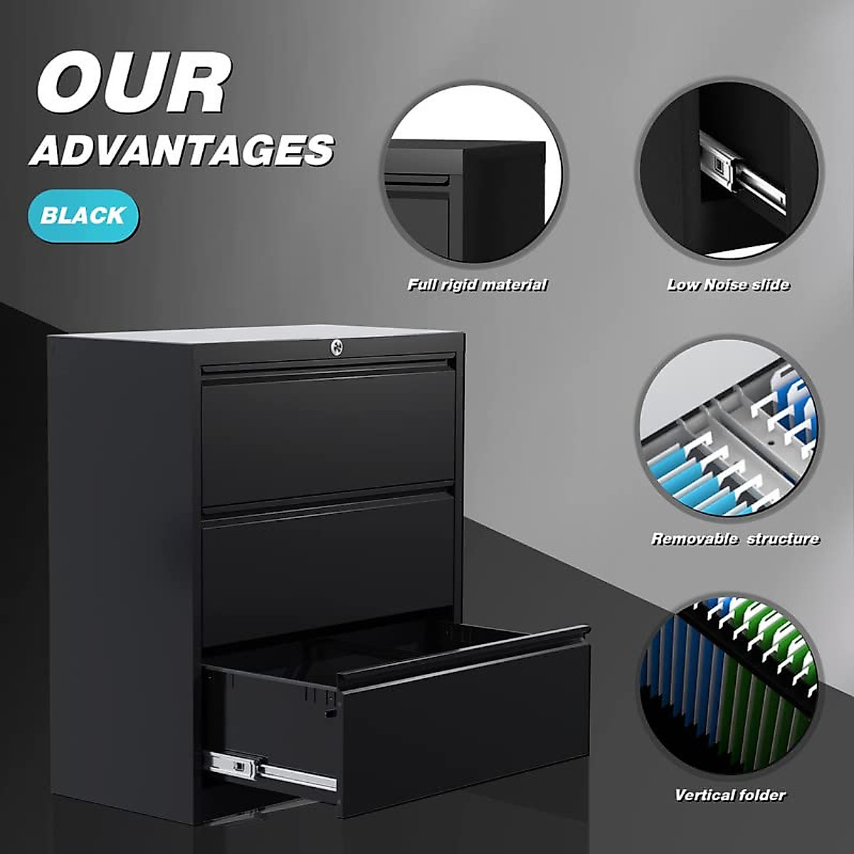 Aobabo 3 Drawer Vertical File Cabinet,35.55In Wide Metal 3 Drawer Vertical Filing Cabinet with Lock,Home Office School Furniture for Letter/Legal/F4/A4 Size Hanging Files,Black