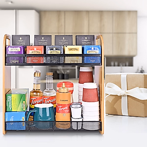 ITHSKUILL Tea Bag Organizer, Large Capacity Tea Organizer for Tea Bags, Bamboo Multi-functional Storage Coffee Bar Accessories for Home Office Kitchen Counter Cabinet Pantry Organizer