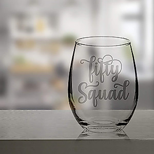 Veracco Fifty Squad Stemless Wine Glass 50th Birthday Gift For Him Her Fifty and Fabulous (Clear, Glass)