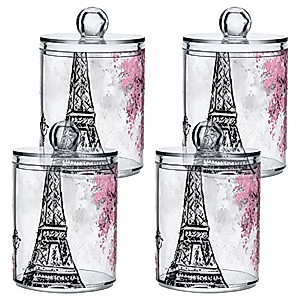 WELLDAY Apothecary Jars Bathroom Storage Organizer with Lid - 14 oz Qtip Holder Storage Canister, Pink Paris Tower Clear Plastic Jar for Cotton Swab, Cotton Ball, Floss Picks, Makeup Sponges,Hair Clip