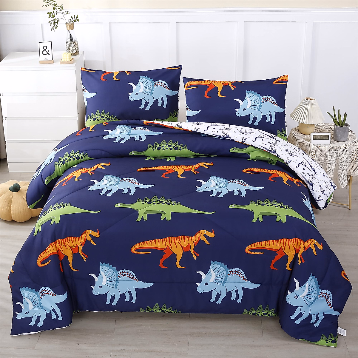 RYNGHIPY Cartoon Dinosaur Comforter Set, Dark Blue Dinosaur Kids Bedding Set for Boys, Dinosaurs Print Comforter Sets for Kids/Toddlers/Teens (Dinosaur,Twin)