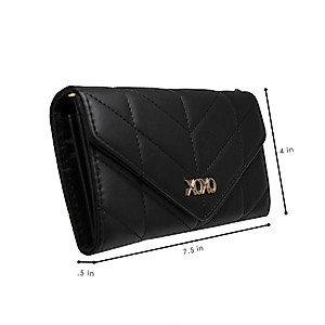 XOXO Women’s Wallet Small Black Vegan Leather Quilted Pattern Fold With Chain Crossbody Strap