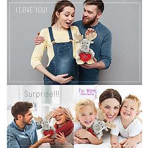 DolliBu I Love You Valentine Plush Sitting Moose - Cute Stuffed Animal with Red Heart and Name Personalization Gift for Valentine's Day, Birthday, Anniversary, Romantic Date - 11 Inches