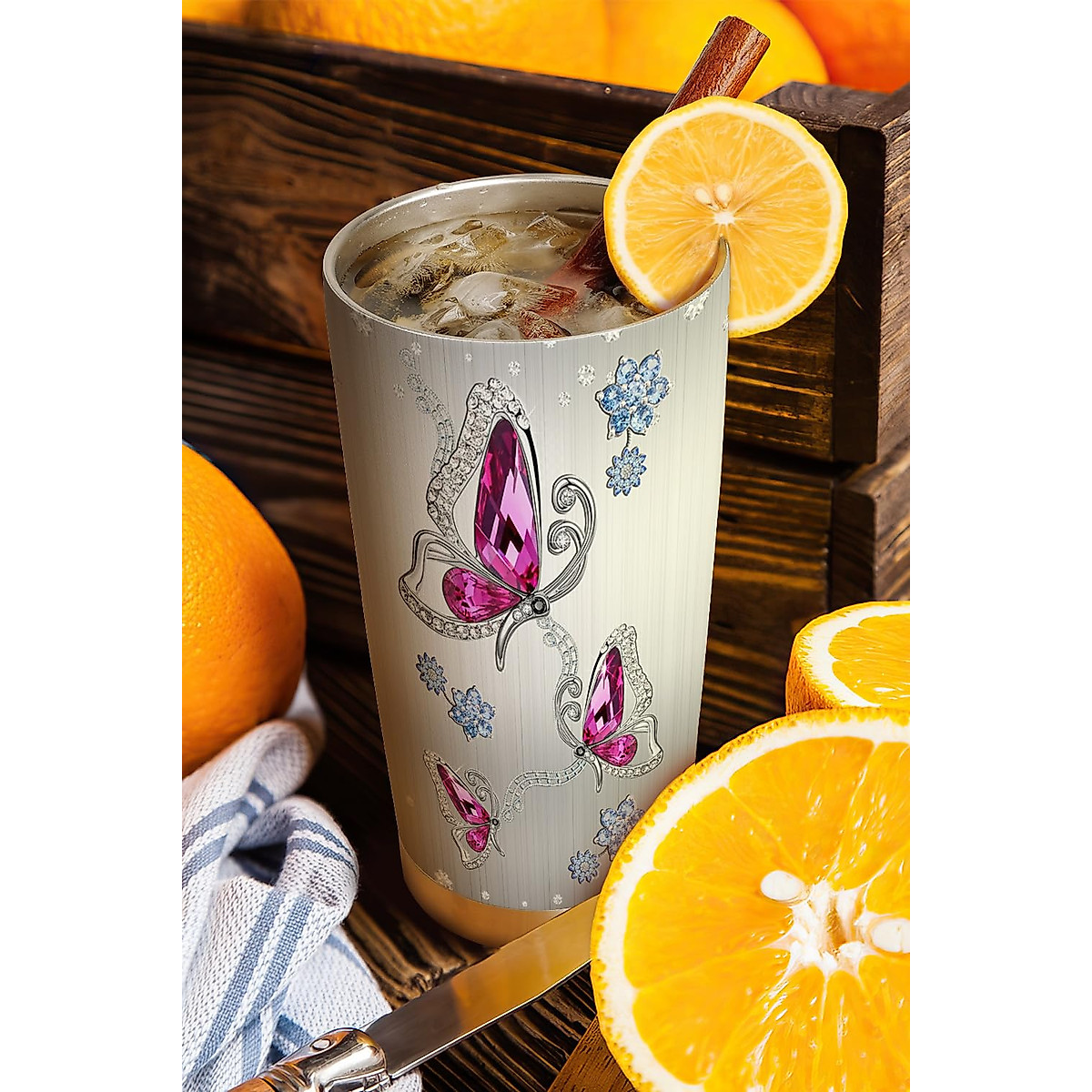 20oz Jewelry Crystal Butterfly Tumbler, Gifts for Butterfly Lovers, Coffee Thermos for Women, Stainless Steel Double Wall Vacuum Insulated Coffee Mug, Travel Cup with Lid