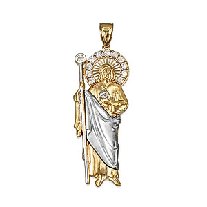 14K Two-Tone White and Yellow Gold St. Jude CZ Pendant (Medium-2.15") (Medium 2.15")