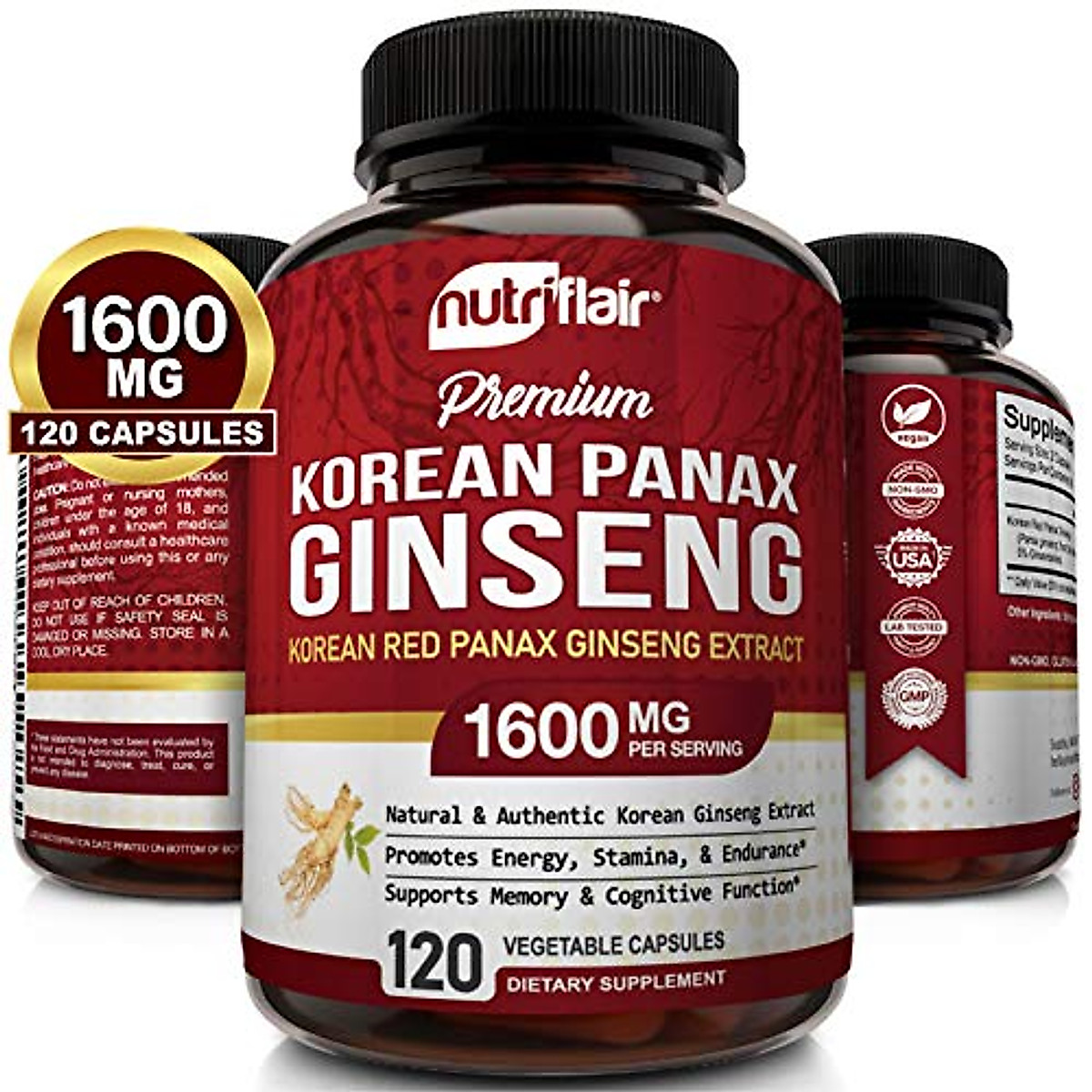 NutriFlair Korean Red Panax Ginseng 1600mg, 120 Vegan Capsules - High Potency Ginseng Root 5% Ginsenosides Extract Powder Supplement - Energy, Focus, Vigor, Performance Pills for Women & Men, Non-GMO