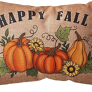 glitzhome Happy Fall Throw Pillows with Insert, 17.72" Pumpkin Throw Pillow for Sofa Couch Bed Great Faux Burlap Pillow for Fall Harvest Thanksgiving Home Office Decorative Throw Waist Lumbar Pillow