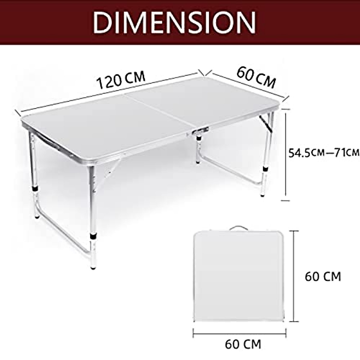 Moosinily Folding Camping Table, 4 Ft Aluminum Folding Table, Picnic tablee with Handle, Adjustable Portable Camp Table for Picnic, BBQ, Party, Beach/White