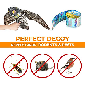 Elemu Owl Scarecrow Natural Moving Wings Plus Reflective Scare Tape Used as Bird and Rodent Repellent (150ft Roll)