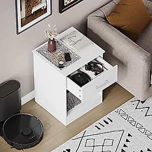 Reettic Wooden Nightstand Set of 2, End Table with Sliding Drawer and Opening Shelf, Sofa Side Table for Bedroom, White RCTG101W02
