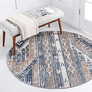 Rugs.com Oregon Collection Rug – 7 Ft Round Navy Blue Low-Pile Rug Perfect for Kitchens, Dining Rooms
