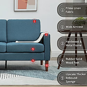 X-VOLSPORT Modern Living Room Loveseat Sofa Couches, Upholstered Linen Fabric Love Seat Armchair Couch with Wide Wooden Legs for Living Room and Office, Blue