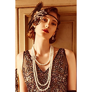 BABEYOND 1920s Headpiece Flapper Headband - Roaring 20's Sequined Showgirl Hair Band Black with Feather (Black)