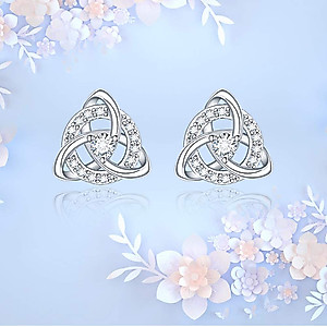 Mothers Day Celtic Knot Earrings for women Mom Trinity Triangle Round Triquetra Crystal Stud Irish 925 Sterling Silver Infinity Earring Dainty Trendy Clip On Piercing Jewelry