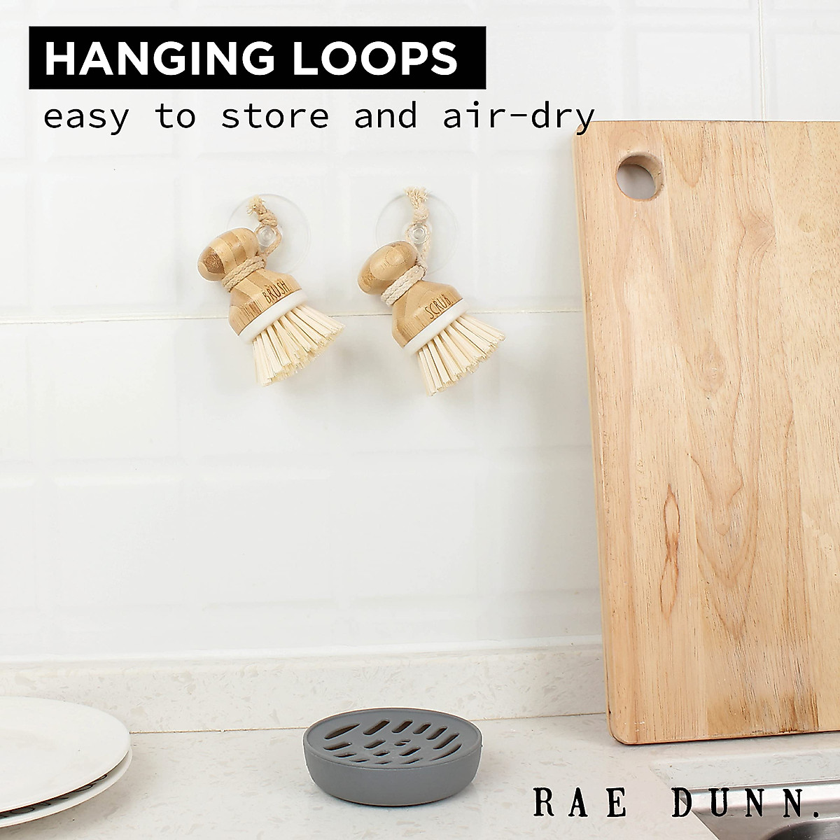 Rae Dunn Bamboo Palm Brush Set - Set of 2 Palm Brush Scrubber for Fruits and Vegetables and for Cleaning Dishes - Made of Bamboo Handles and Soft Flexible Bristles