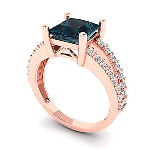 Clara Pucci 2.52 ct Princess Cut Solitaire W/Accent split shank Natural London Blue Wedding Statement Bridal ring 18K Rose Gold 8.5