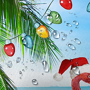 Christmas Shower Curtain, Bright Tropical Christmas Beach Red Flamingo Shower Curtain, Funny Xmas Holiday Shower Curtain, Vintage Merry Christmas Shower Curtain for Bathroom with 12PCS Hooks, 70X70IN