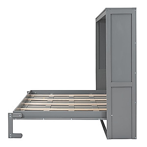 P PURLOVE Queen Murphy Bed Cabinet Wall Bed,Multifunctional Queen Size Murphy Bed Frame can be Folded into a Cabinet,Solid Wood Foldable Storage Cabinet Bed for Small Places,Gray