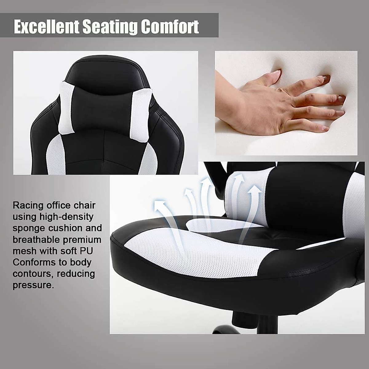 OffiClever Racing Style Office High Back Desk Executive PU Leather Rolling Task Swivel Computer with Lumbar Support Headrest, White