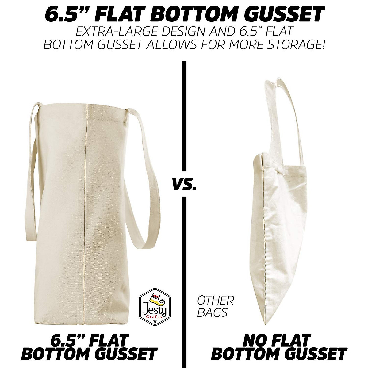 Jesty Crafts Heavy Duty Large Canvas Tote Bag with Large Bottom Gusset - 4 Pack of 12oz Reusable Canvas Grocery Bags - Perfect Canvas Bags for Crafts, HTV, Groceries, Shopping - 16H X 16W x 6.5D inch