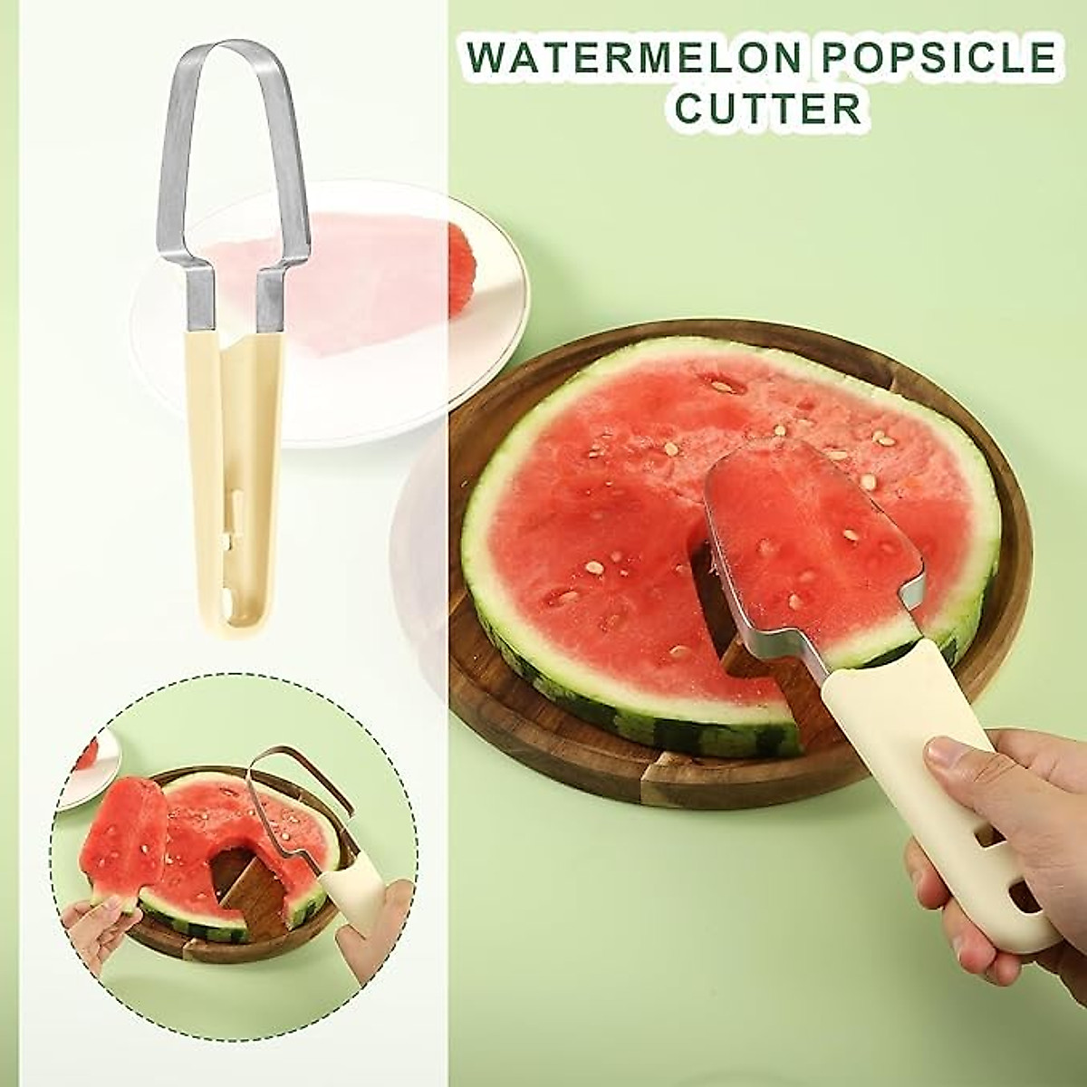TROKKA 3-in-1 Watermelon Fork Slicer Cutter，Stainless Steel Watermelon Popsicle Cutter Watermelon Cutter Slicer Tool Melon Cutter Knife Portability Fruit Fork for Camping Kitchen Gadgets (Beige)