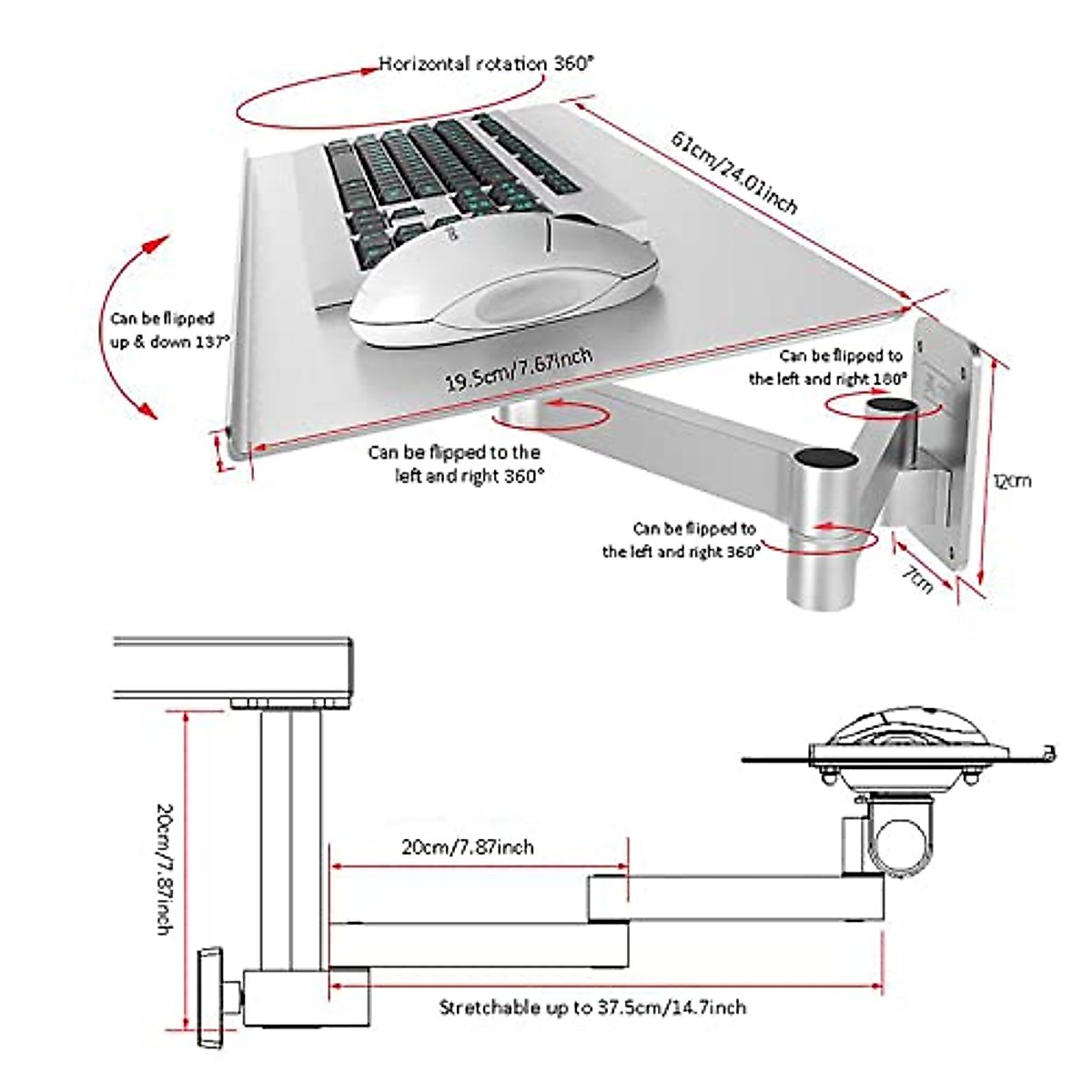 HM&DX Wall Mount Adjustable Keyboard Tray,Keyboard and Mouse Tray Wall Mount,Height Adjustable Typing Platform,sit-Stand Keyboard Arm Keyboard Bracket,Swivel Keyboard Tray for Home Office