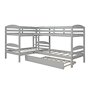 Quad Bunk Bed with Trundle L-Shape Bunk Bed Twin Over Twin Corner Bunk Bed for 4 or 5 Kids Boys Girls Teens, Gray