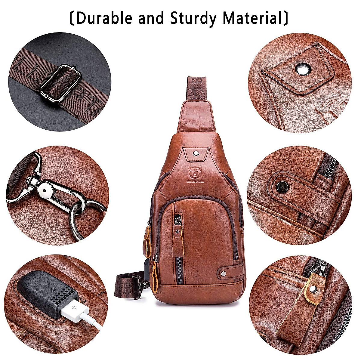 BULLCAPTAIN Leather Sling Bag Mens Chest Bag Casual Shoulder Crossbody Bags Travel Hiking Backpacks Daypack with USB Charging Port (Brown)