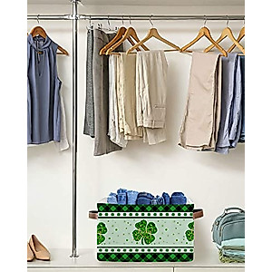 Storage Bins,Spring Four Clover Leaf Green Lattice Lucky Quote St. Patrick's Day Storage Basket with Handles,Waterproof Collapsible Storage Bin,Shamrock Storage Organizer for Shelves Closet