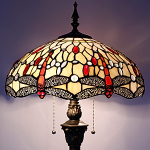 WERFACTORY Tiffany Floor Lamp Dragonfly Amber Stained Glass Standing Reading Light 16X16X64 Inches Antique Pole Corner Lamp Decor Bedroom Living Room Home Office S557 Series