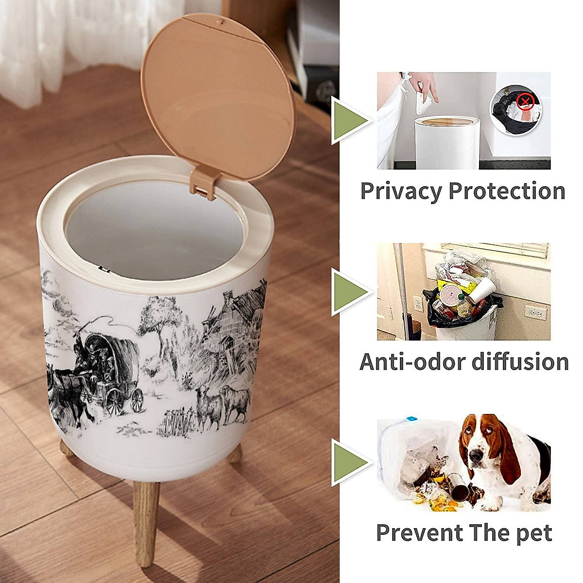 IBPNKFAZ89 Small Trash Can with Lid Vintage Western Ranch Seamless American Wild west Garbage Bin Wood Waste Bin Press Cover Round Wastebasket for Bathroom Bedroom Kitchen 7L/1.8 Gallon