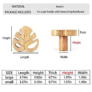 Kelendle 4Pcs Wall Mounted Monstera Wooden Coat Hooks with Mounting Hardware Single Wall Hook Rack Clothes Hanger Organizer (Beech)