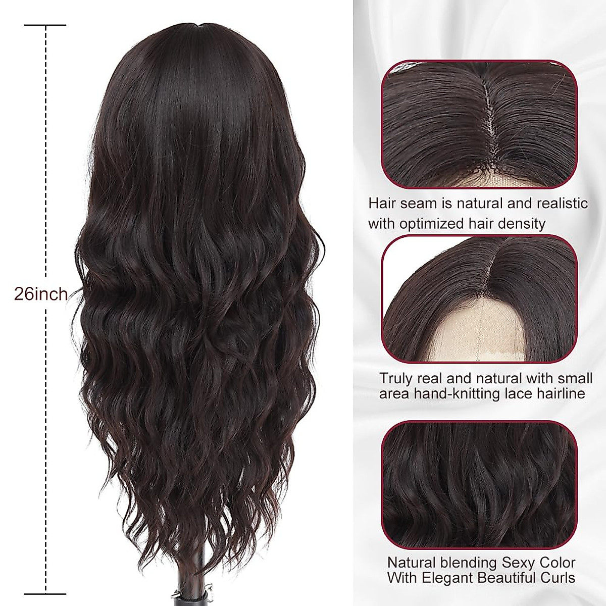 IFSUP Long Wavy Brown Hair Wig for Women 26Inch Dark Brown Curly Middle Part Wig Upgraded Synthetic Protein Fiber Wig Natural Looking Hair Replacement Wig(26'' Brown)