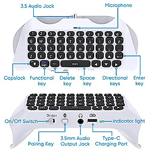 Controller Keyboard for PS5, Protable Bluetooth Keyboard Chatpad Mini Rechargable Handheld Controller Grip Keyboard Gaming Keypad for PlayStation 5 Controller