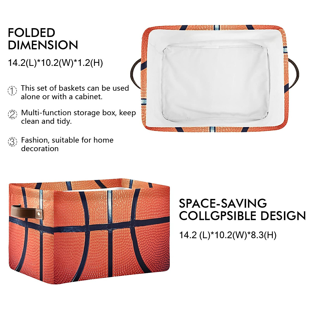 Sport Basketball Storage Bin Canvas Toys Storage Basket Bin Large Storage Cube Box Collapsible with Handles for Home Office Bedroom Closet Shelves，1 pc