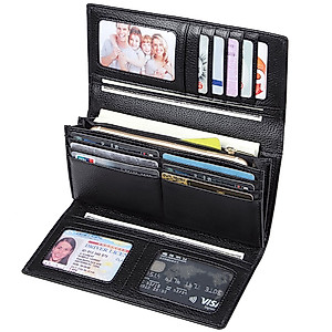 JEEBURYEE Womens RFID Blocking Genuine Leather Clutch Wallet Card Holder Ladies Long Purse Large Capacity Organizer Wallet Black