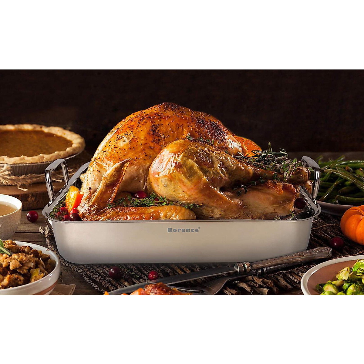 Rorence Roasting Pan with Rack: 16-Inch Stainless Steel Rectangular Turkey Roaster pan with Nonstick V-Shaped Rack for Thanksgiving Christmas – Set of 5