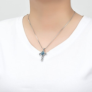 Urn Necklace for Ashes Rose Flower Cross Cremation Jewelry Pendant for Human/Pet Funeral Keepsake Memorial Necklace (Silve-Blue)