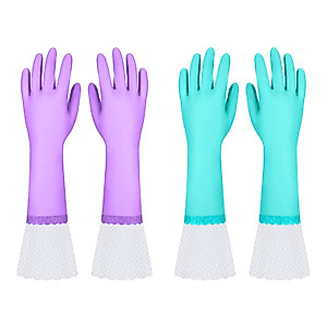 Elgood Reusable Long Dishwashing Cleaning Gloves with Latex Free, Long Cuff,Cotton Lining,Kitchen Gloves 2 Pairs,Purple+Blue Large