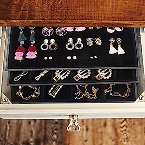 Mebbay Stackable Velvet Jewelry Trays Organizer, Jewelry Storage Display Trays with Full Artificial Leather Cover for Drawer, Earring Necklace Bracelet Ring Organizer, Set of 3 (Black)
